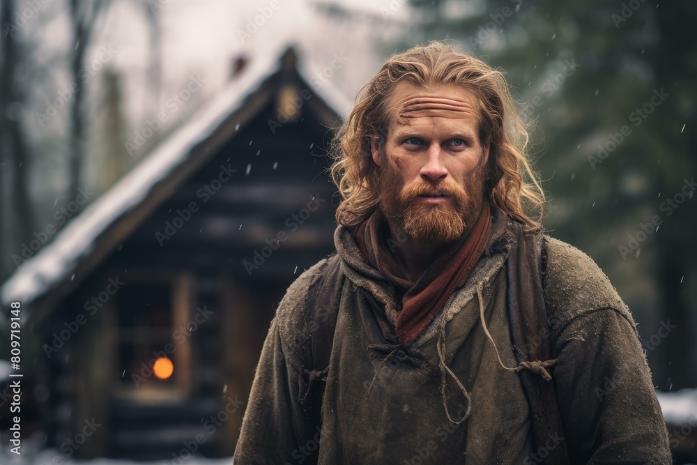 Serious-looking man with a beard in historical attire stands before a ...