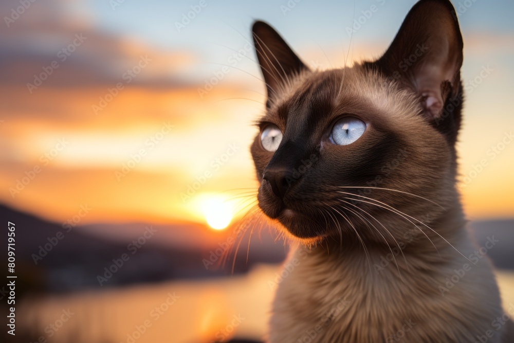 Headshot portrait photography of a happy siamese cat climbing isolated ...