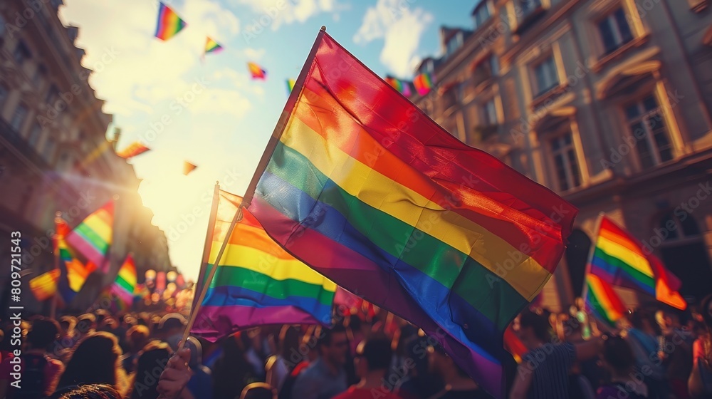 crowd waving rainbow flags at the gay pride parade pride day Stock ...