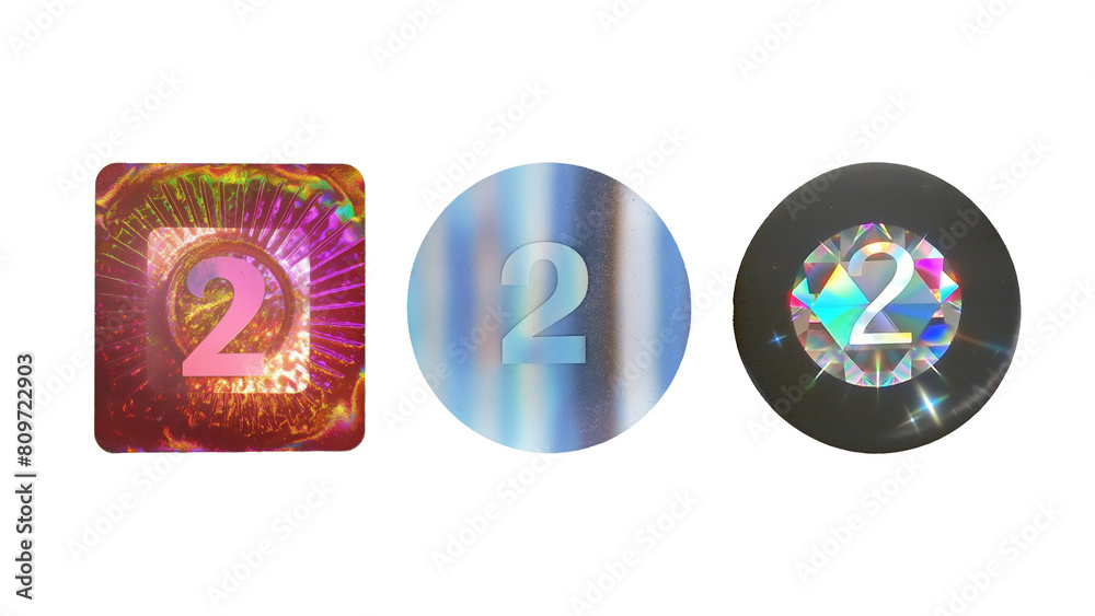 Holographic sticker set with number “2”, isolated retro style colorful ...