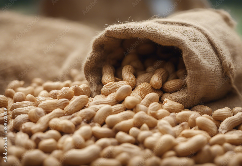 Peanuts in jute sack bag, background is peanut farm, roasted peanuts ...