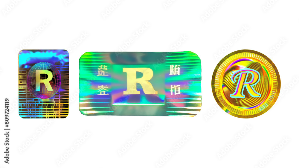 Holographic sticker set with letter “R”, isolated retro style colorful ...