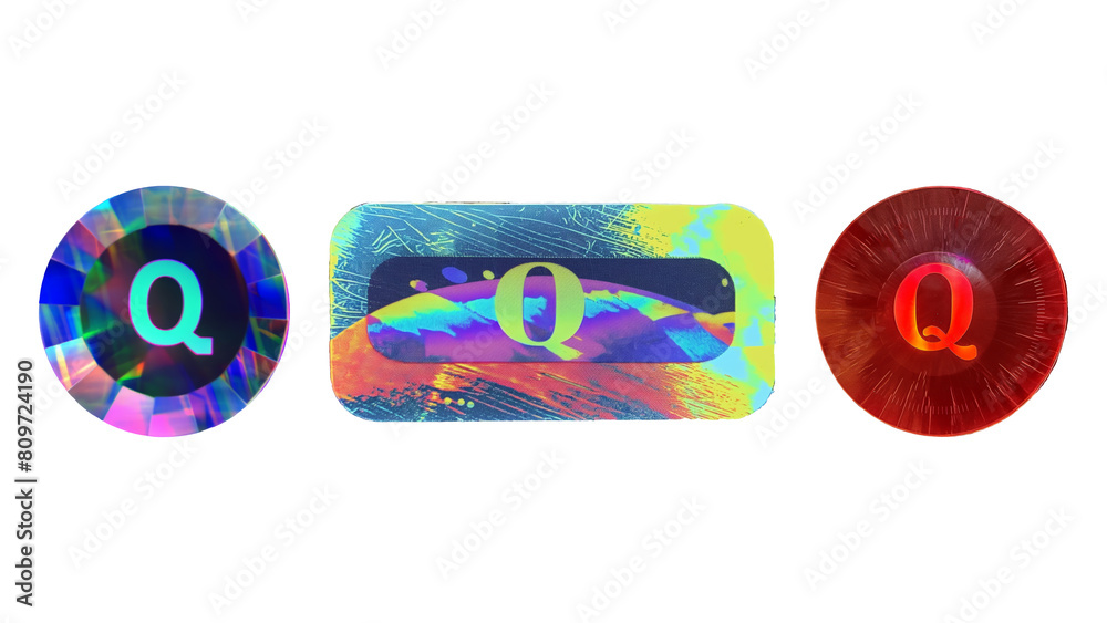 Holographic sticker set with letter “Q”, isolated retro style colorful ...