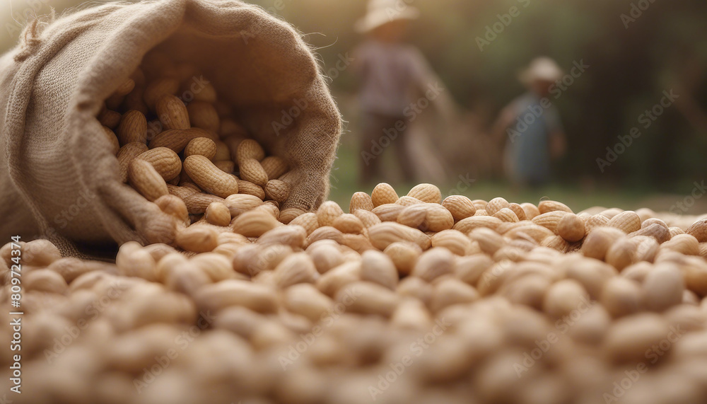 Peanuts in jute sack bag, background is peanut farm, roasted peanuts ...