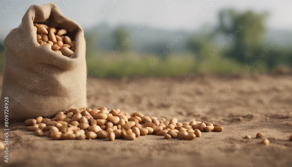 Peanuts in jute sack bag, background is peanut farm, roasted peanuts ...