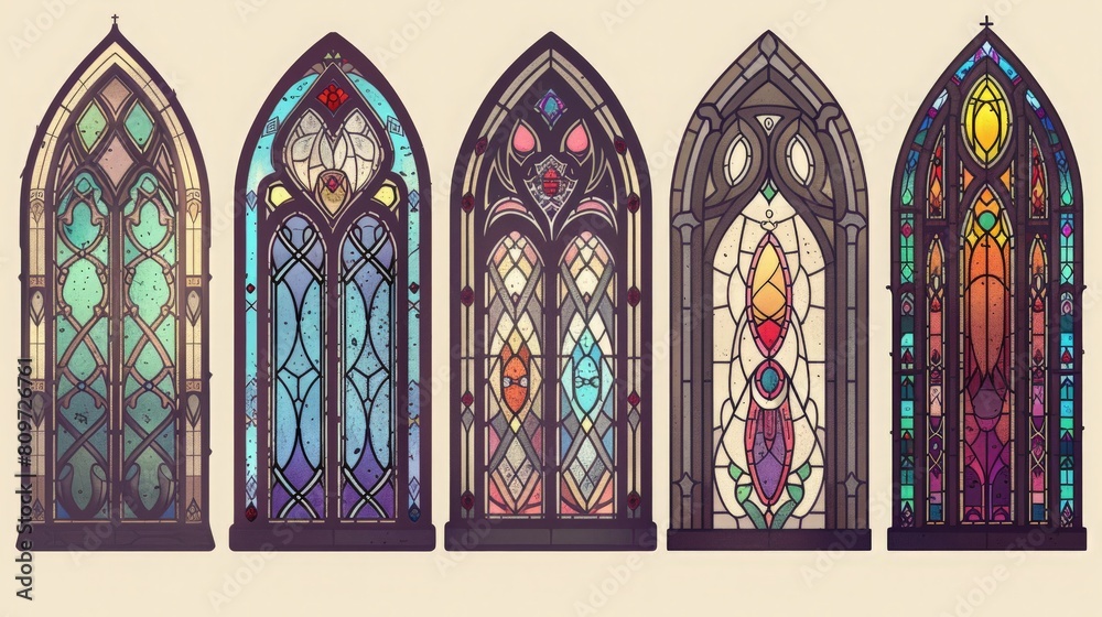 Gothic line art stained glass windows flat item set. Gothic windows ...