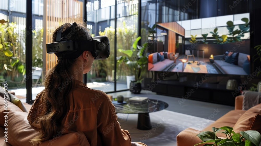Female engineer using a VR headset and controllers to design a living ...