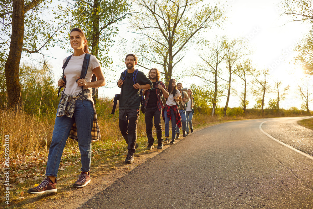 Group of friends tourists trekking with backpacks walking in the forest ...