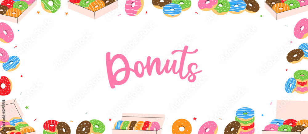 Donuts shop banner. Take away donuts. Glazed doughnuts with sprinkles ...