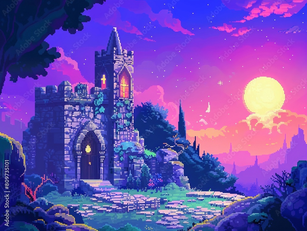 Radiant full moon and majestic medieval stone castle rises, encircled ...