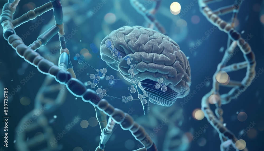 DNA strand next to the human brain, neurons and the human brain ...