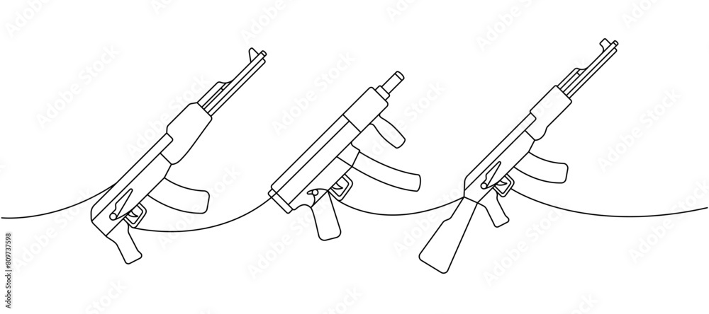 Set of tactical assault rifles one line continuous drawing. Various ...