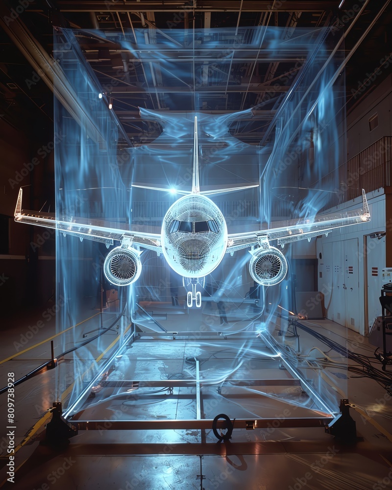 A holographic wind tunnel simulation showing airflow around an airplane ...