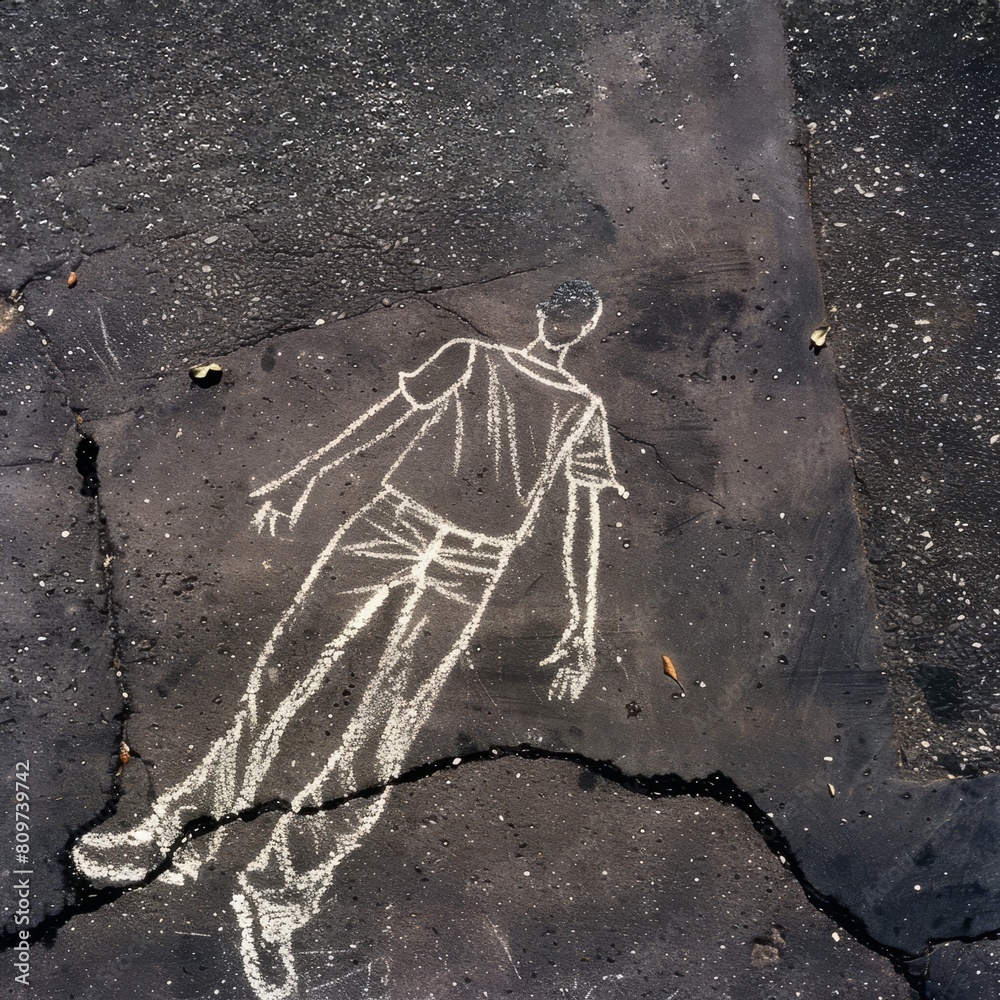Chalk drawing of a human body outline on a worn urban pavement, crime ...