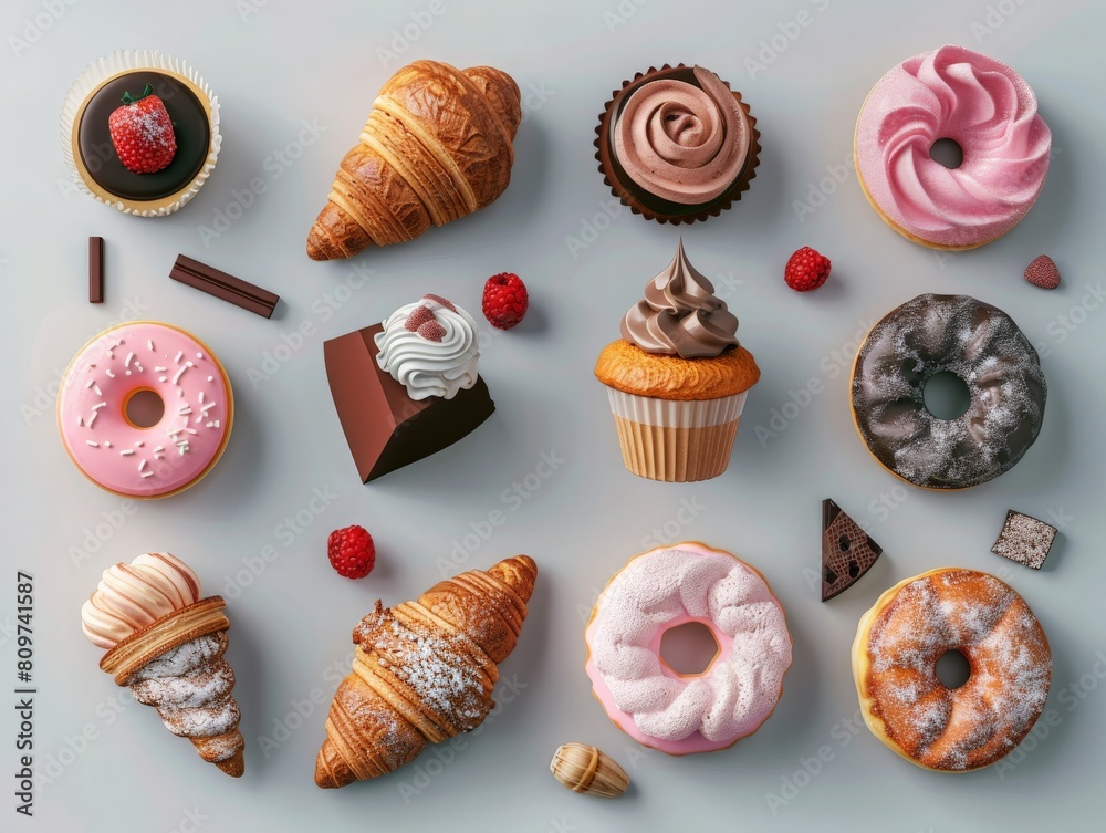 Sweet food 3d realistic render vector icon set. Cake, donuts, croissant ...