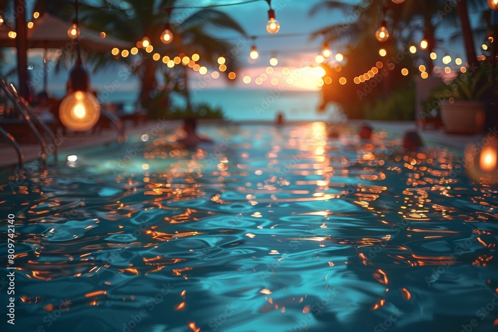 Evening by the pool with overhead lights casting a sparkly reflection ...