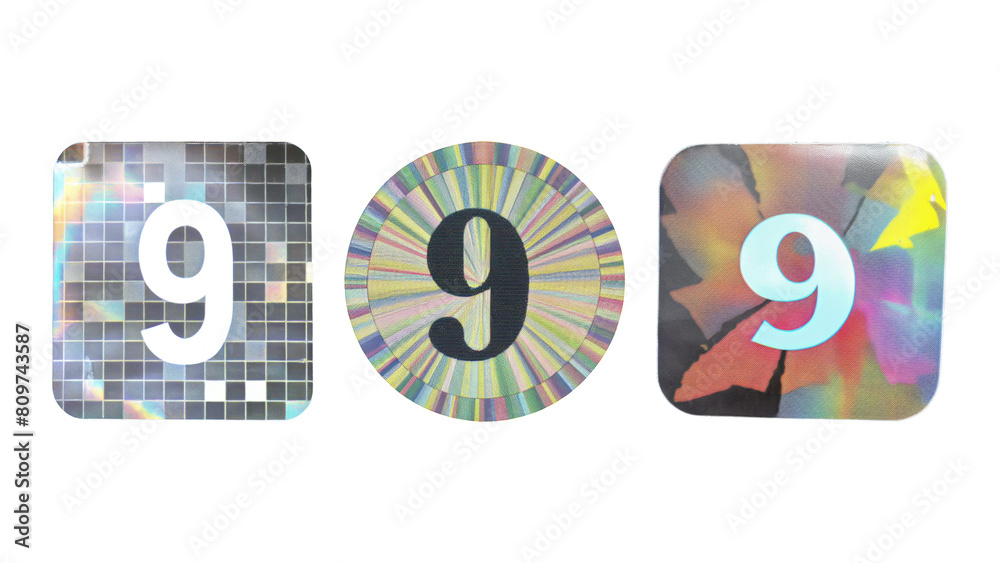 Holographic sticker set with number “9”, isolated retro style colorful ...
