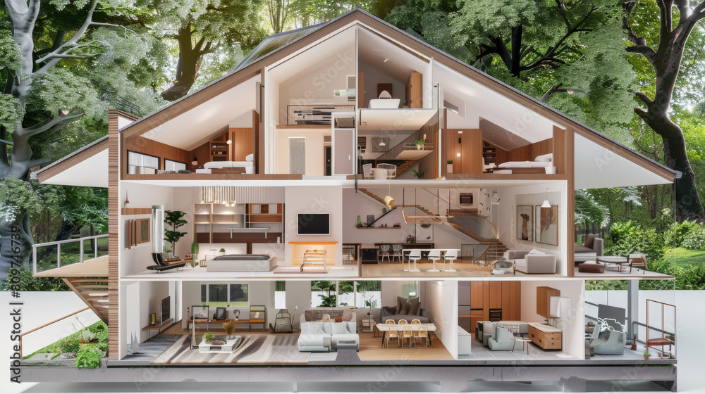Cross-sectional model house surrounded by greenery showcases detailed ...