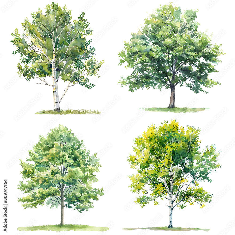 Trees front view, PNG, watercolor style vector tree, quaking, aspen ...