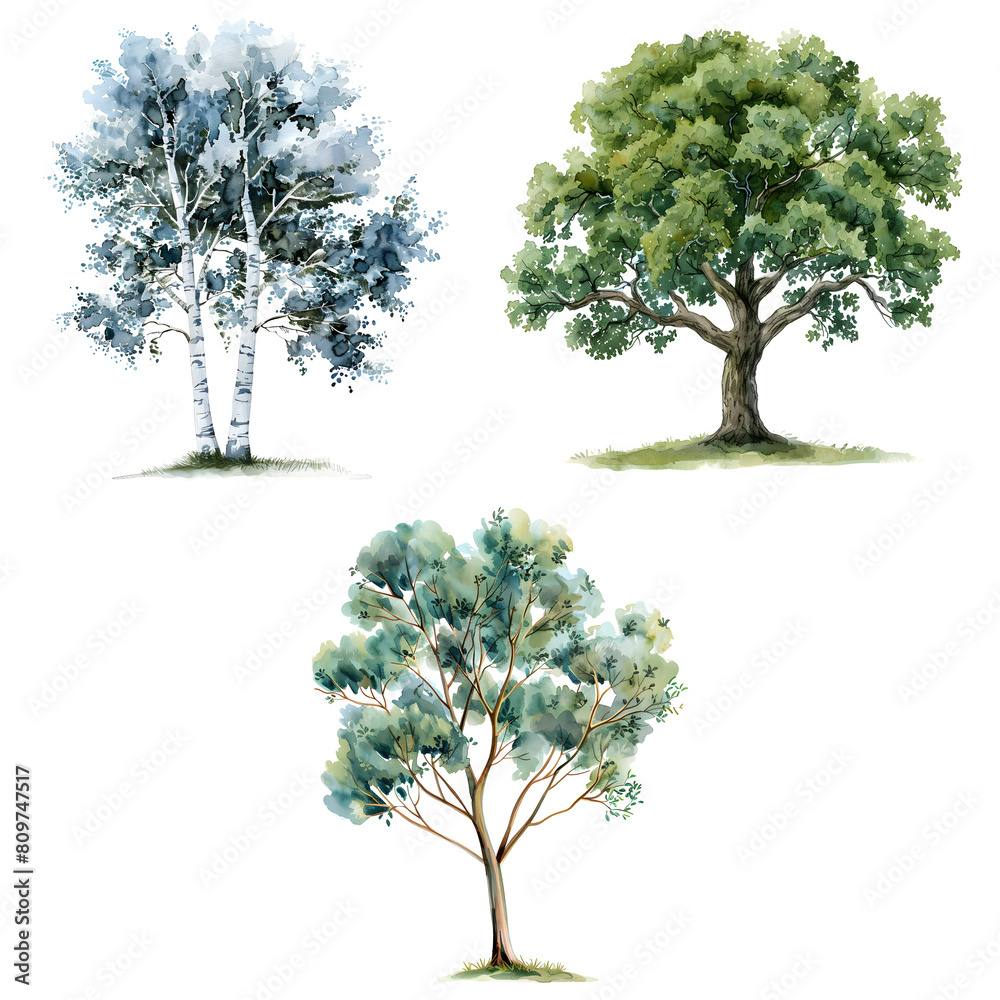 Trees front view, PNG, watercolor style vector tree, grey birch ...