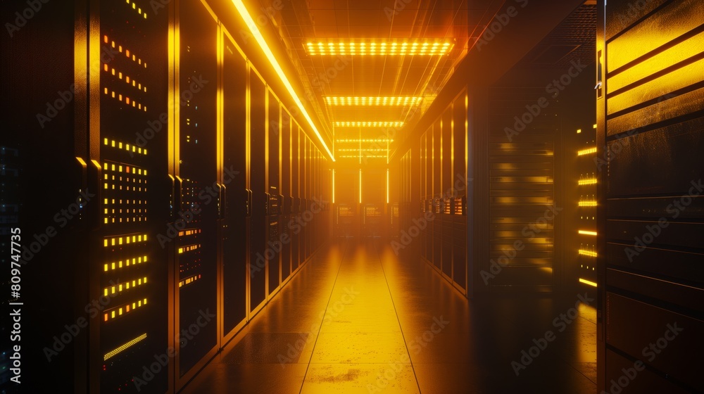 Large server room with servers and fiber optics, lighted shelves with ...