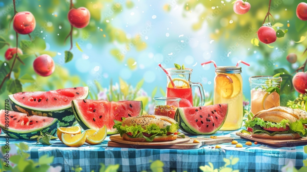 banner featuring a picnic table with summer foods like watermelon ...