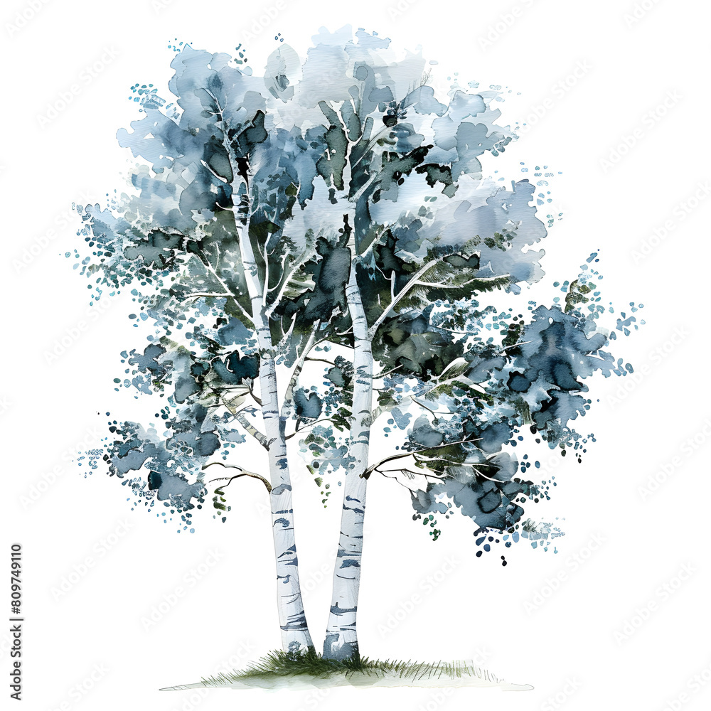Trees front view, PNG, watercolor style vector tree, grey birch tree ...