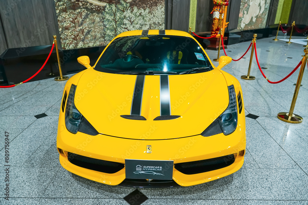 Yellow Ferrari Tributo hypercar. Thailand, Bangkok 07 april 2024. Stock ...