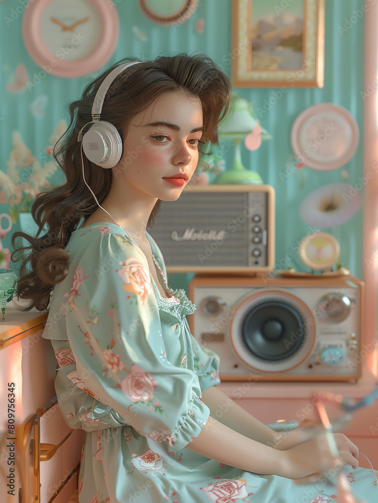 Beautiful women with headphone listening to music at retro living room ...