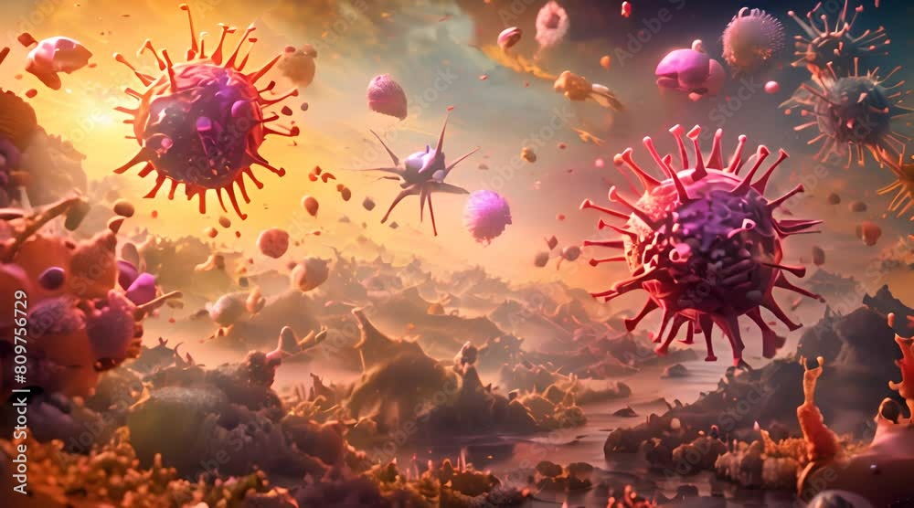 Human immune system's battle against viruses, depicting dynamic scenes ...