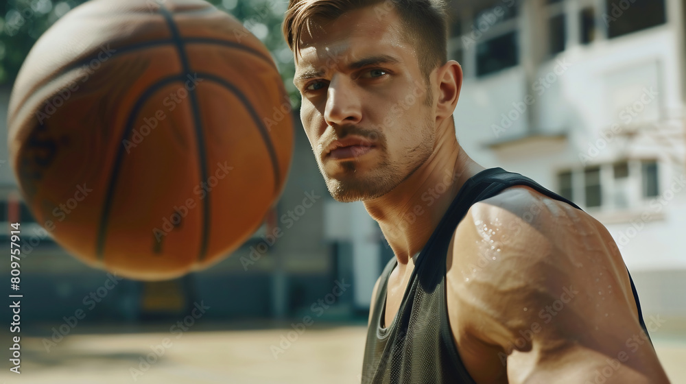 competitive and focused muscular man, basketball player dribbling ball ...