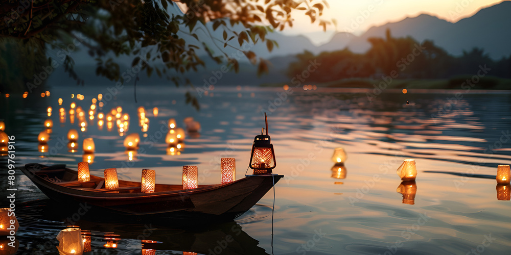 Floating lantern festival in a tranquil lake Floating Lantern Festival ...