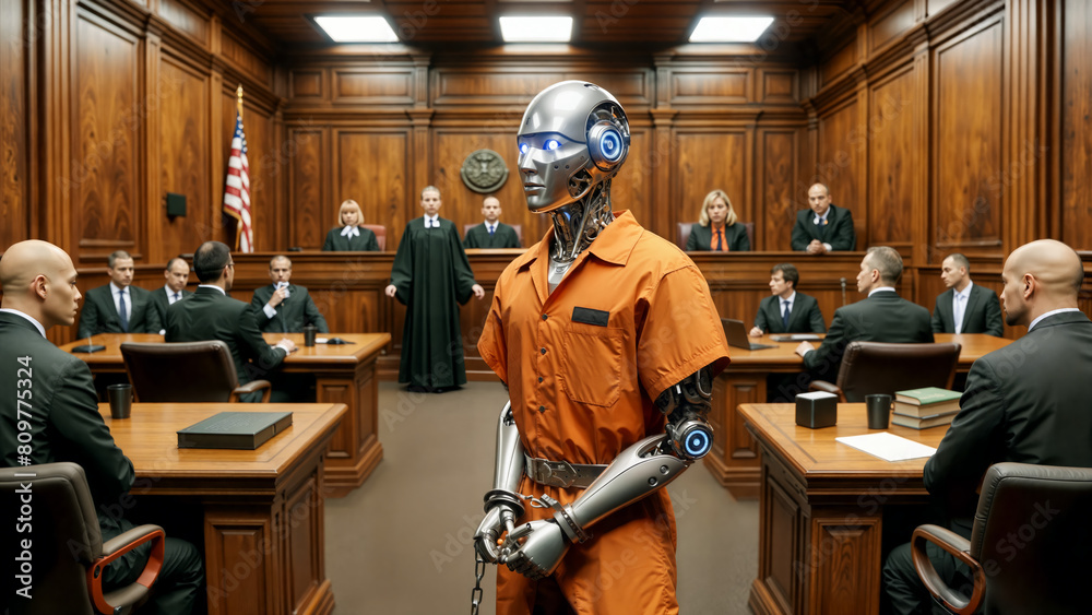 AI robot prisoner in orange jumpsuit, handcuffed, surrounded by lawyers ...
