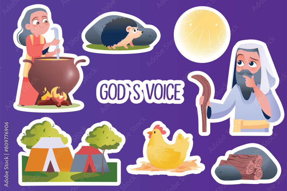 Set of stickers God's voice in flat cartoon design. This vivid ...