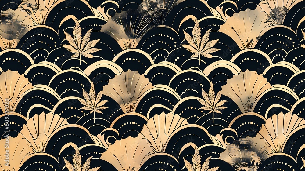 Vintage inspired pattern with stylized fan motifs and plant elements on ...