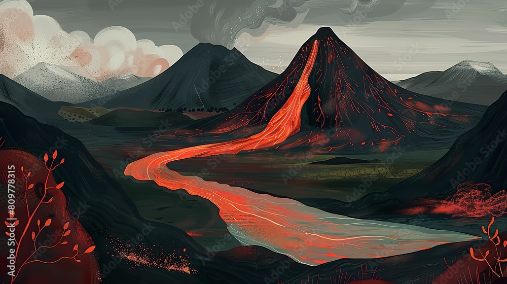 Lava flow, Molten river, glowing red-orange streams running down dark ...