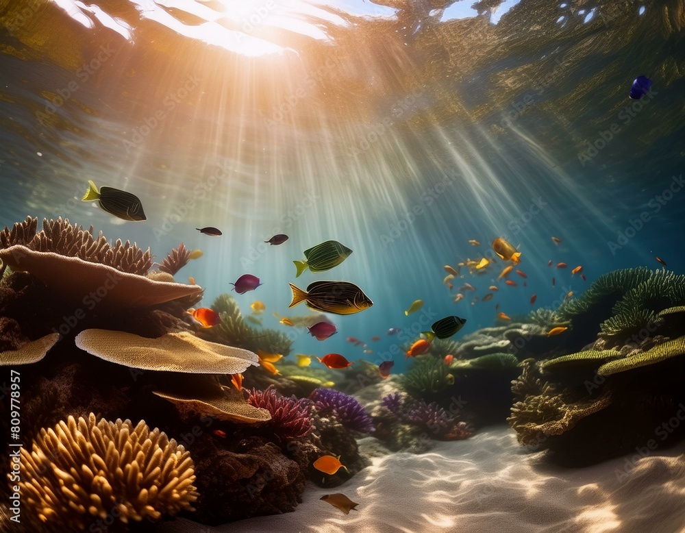 Unterwasserwelt mit vielen verschiedenen bunten Fischen und Korallen ...