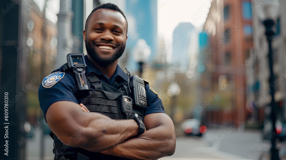 Confident policeman smiling on urban city street. Friendly law ...