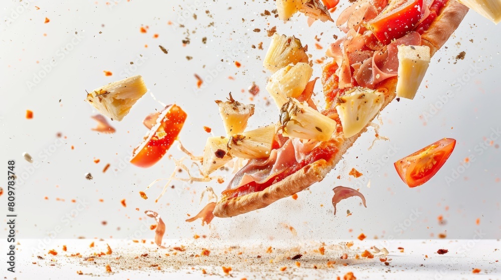 Dynamic image of a pizza slice with toppings flying off, captured mid ...