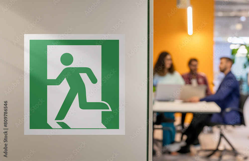 Emergency exit sign on the left on the wall. In the background ...