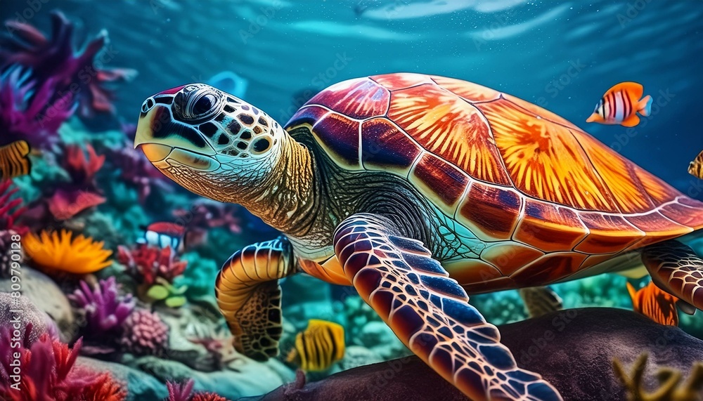 photorealistic, detailed, colorful, high-contrast, bottom tortue, mer ...
