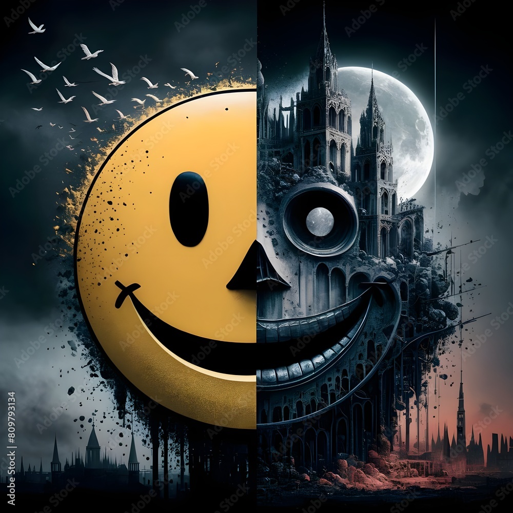 On the left, a bold yellow smiley face stands out against a dark ...
