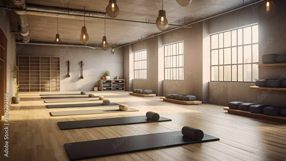 Modern yoga gym interior with unrolled yoga mats equipment , Sports gym ...