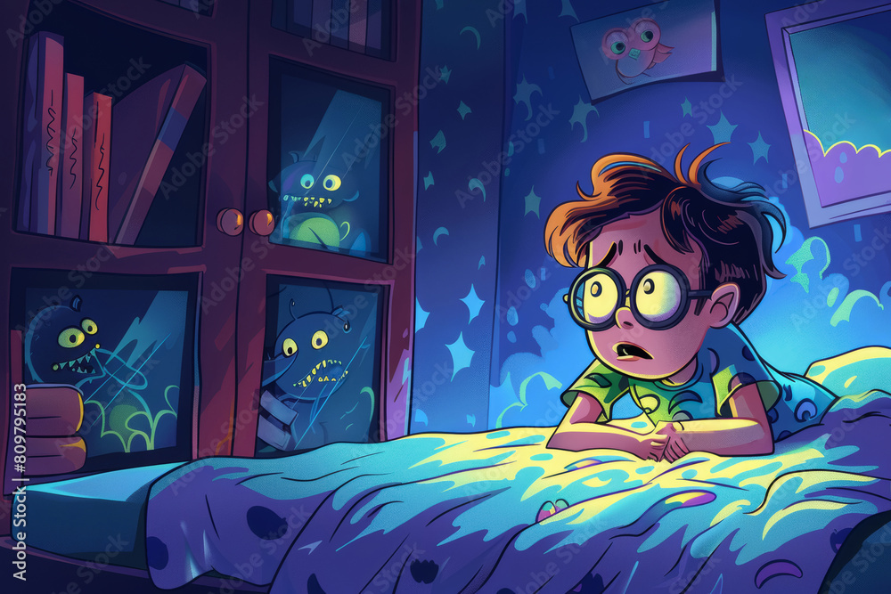 cartoon scared little boy in bed with open eyes because child afraid of ...