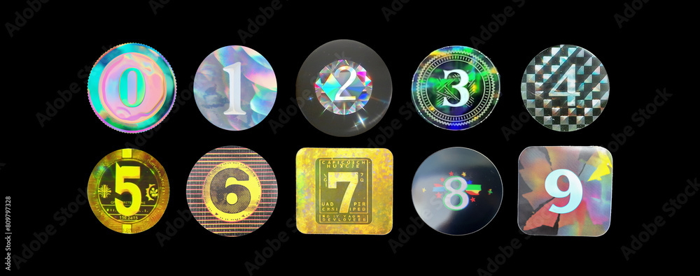 Holographic sticker set with numbers, retro style colorful label in ...