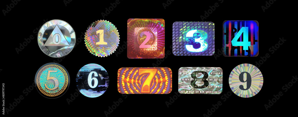 Holographic sticker set with numbers, retro style colorful label in ...