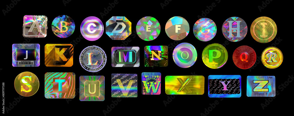 Holographic sticker set with Alphabet, retro style colorful label in ...
