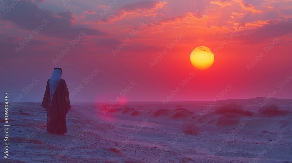 Arab man stands alone in the desert and watching the sunset. Solitary ...