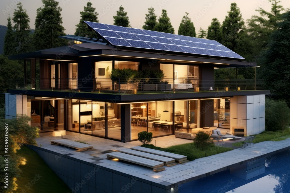 Contemporary house with solar energy system illuminated at twilight ...