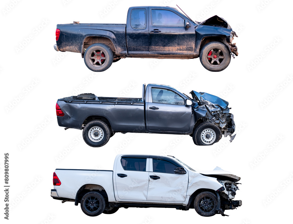 Car crash, Set of Side view pickup car get hard damaged by accident on ...
